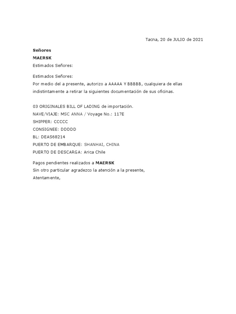 Autorizacion BL MAERSK | PDF