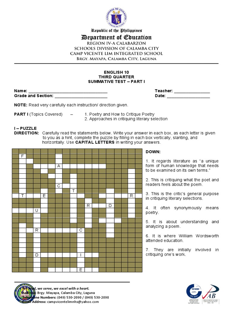 Summative Test - English 10 | PDF | Poetry