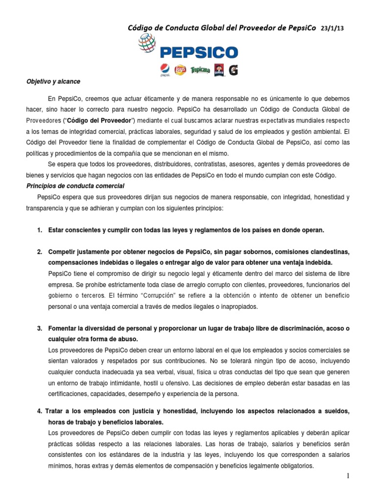Código de Conducta Proveedores PepsiCo | PDF | Pepsi Co | Corrupción ...