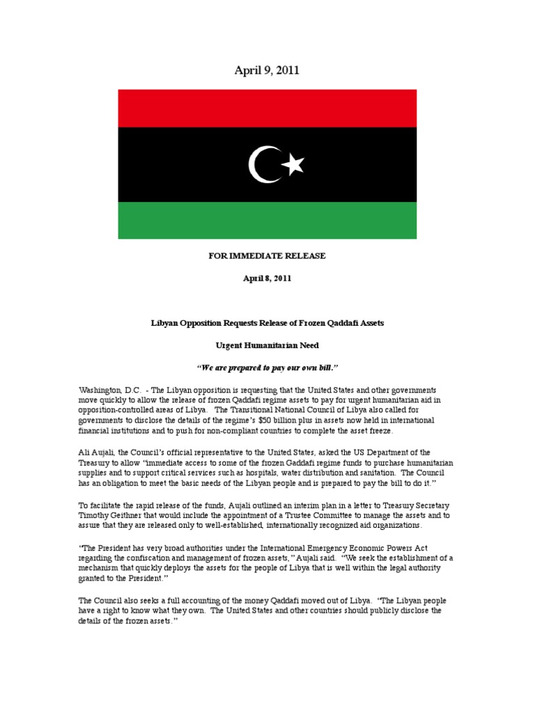 Press Release - Libyan Opposition Requests Release of Frozen Qaddafi ... Press Release - Libyan Opposition Requests Release of Frozen Qaddafi ...