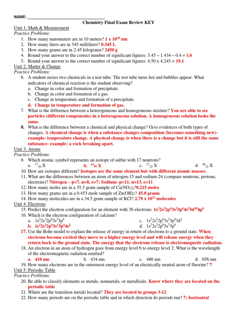 Chem Final Exam Review Key F16 | PDF | Chemical Equilibrium | Chemical ...