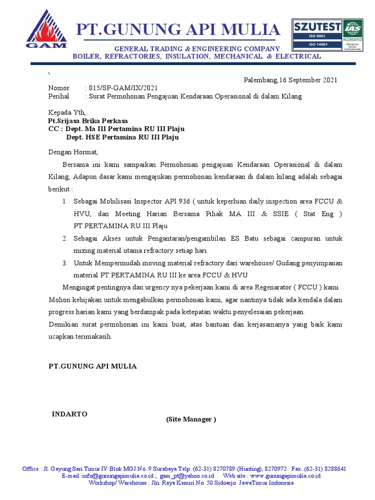 Permohonan Kendaraan Operasional Kilang | PDF | Sains & Matematika ...