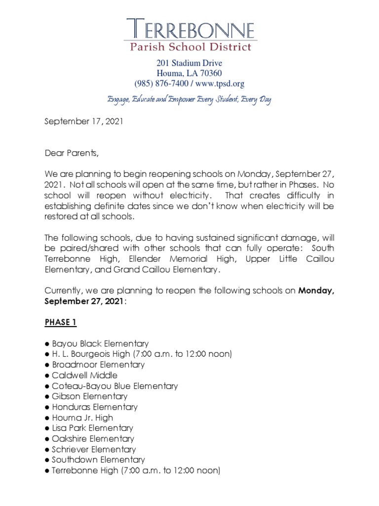 Terrebonne Parish School District Reopening Plan | PDF | Schools