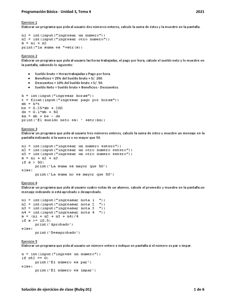 Python 01-Solución Ejercicios de Clase | PDF | División (Matemáticas ...