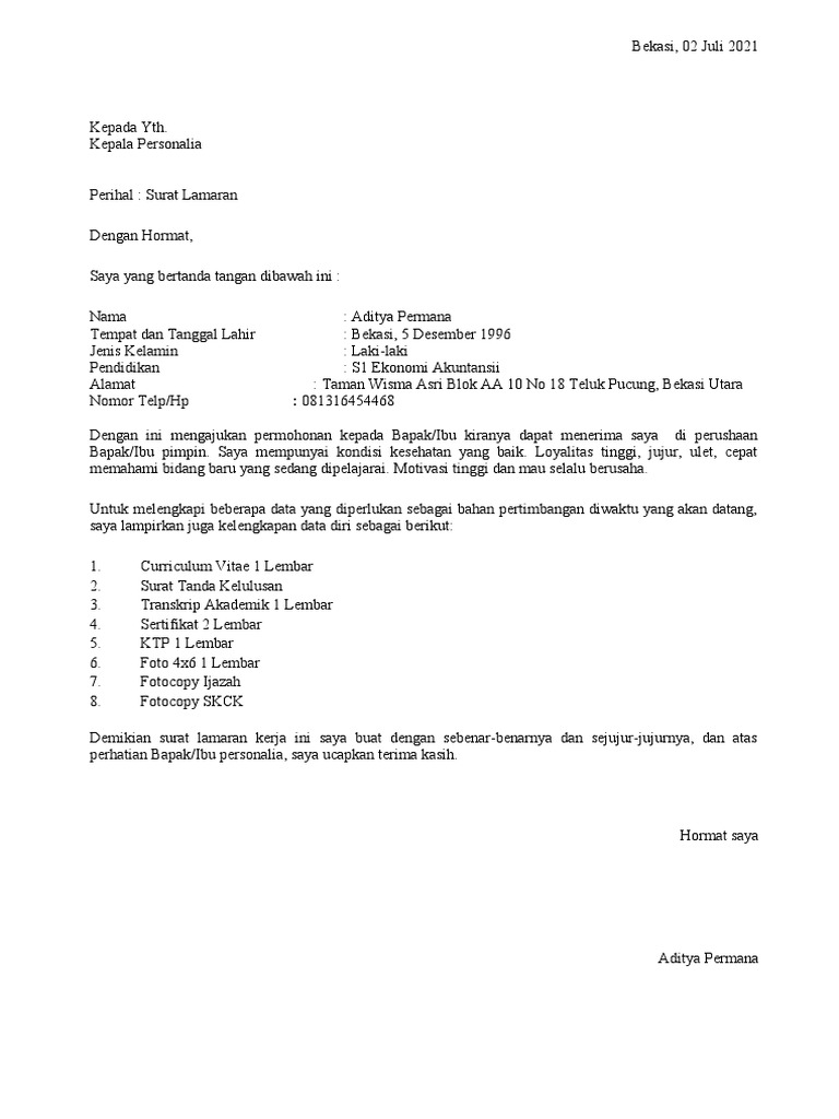 Surat Lamaran Kerja Aditya Permana | PDF