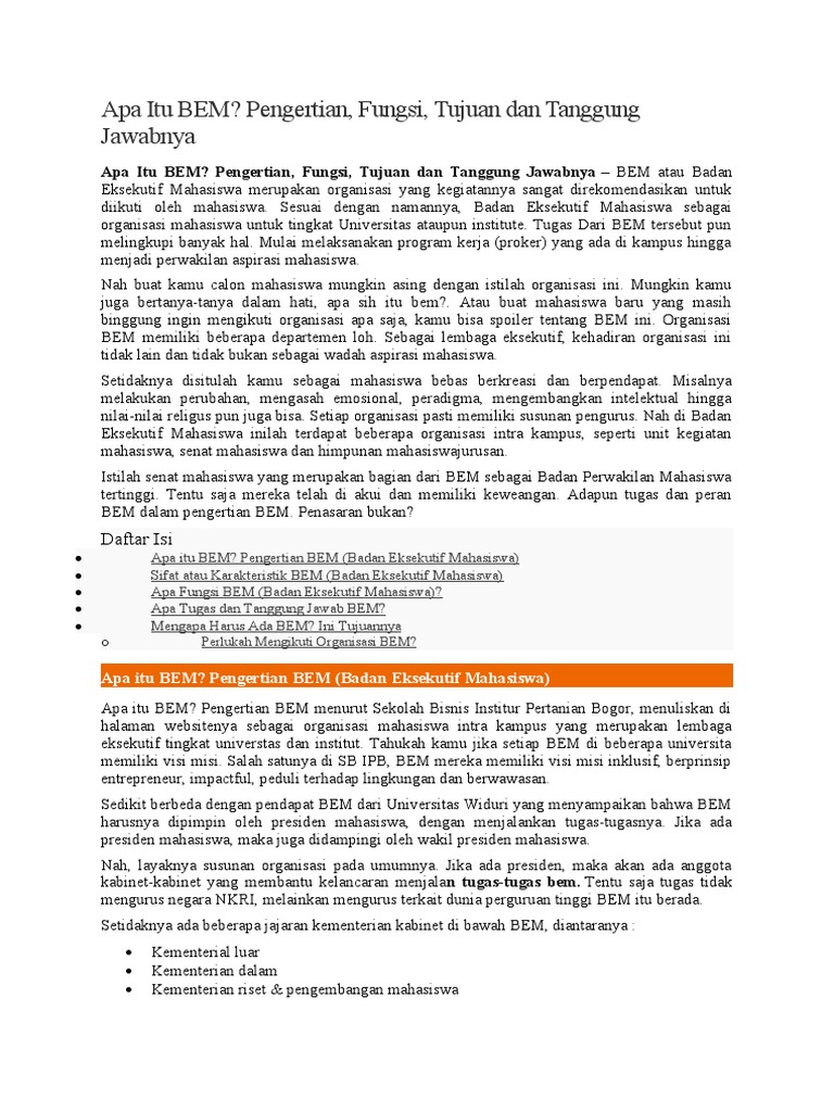 Pengertian dan Fungsi BEM | PDF