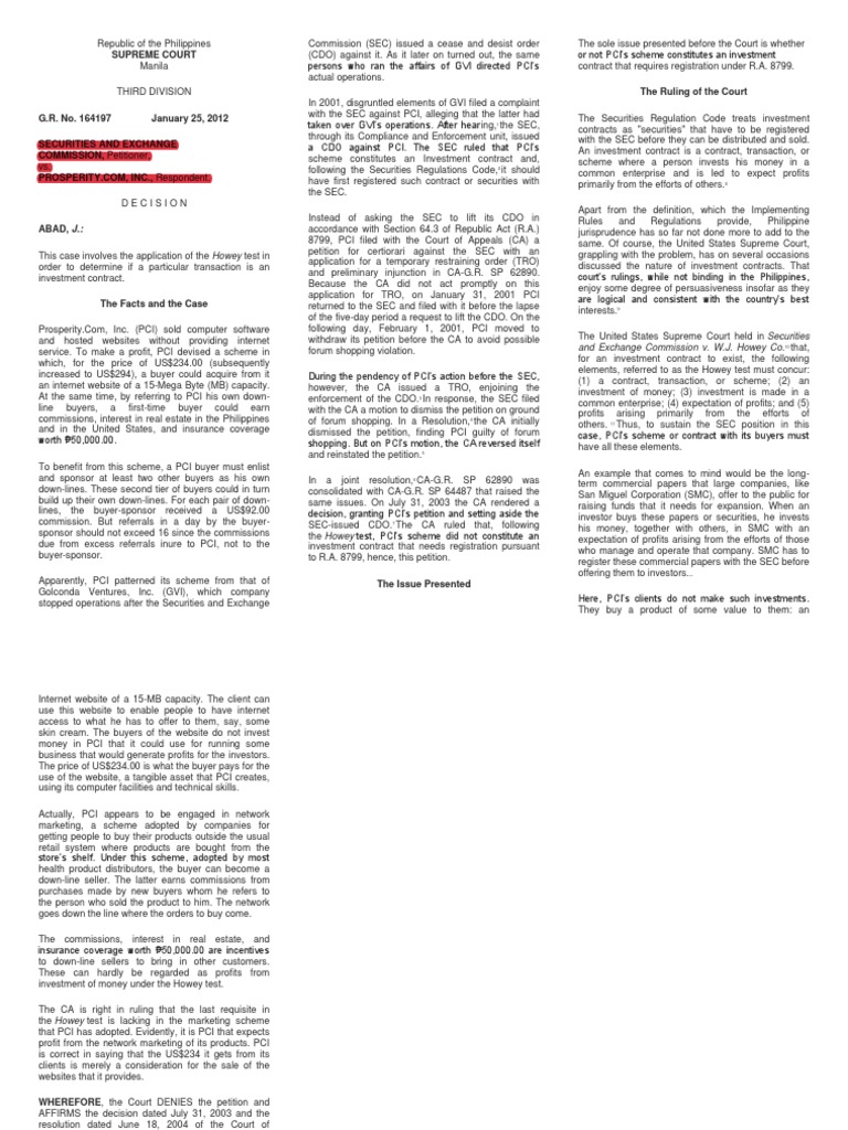 Howey Test Application in PCI Case | PDF | U.S. Securities And Exchange ...