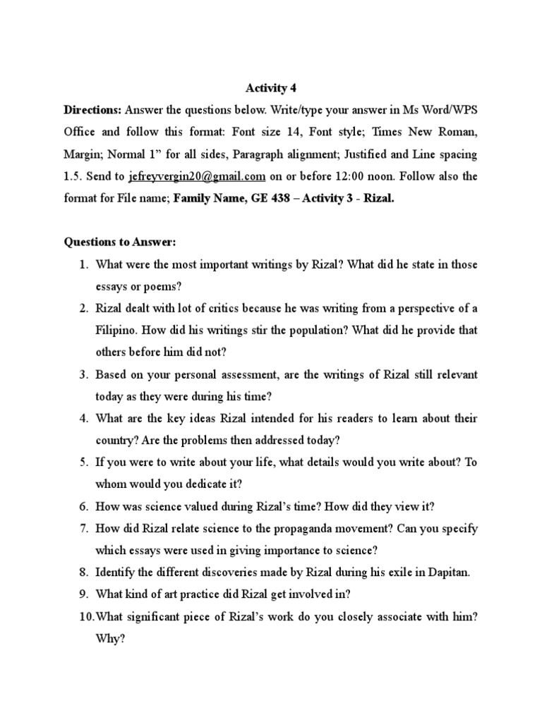 Activity 4 Directions: Answer The Questions Below. Write/type Your ...