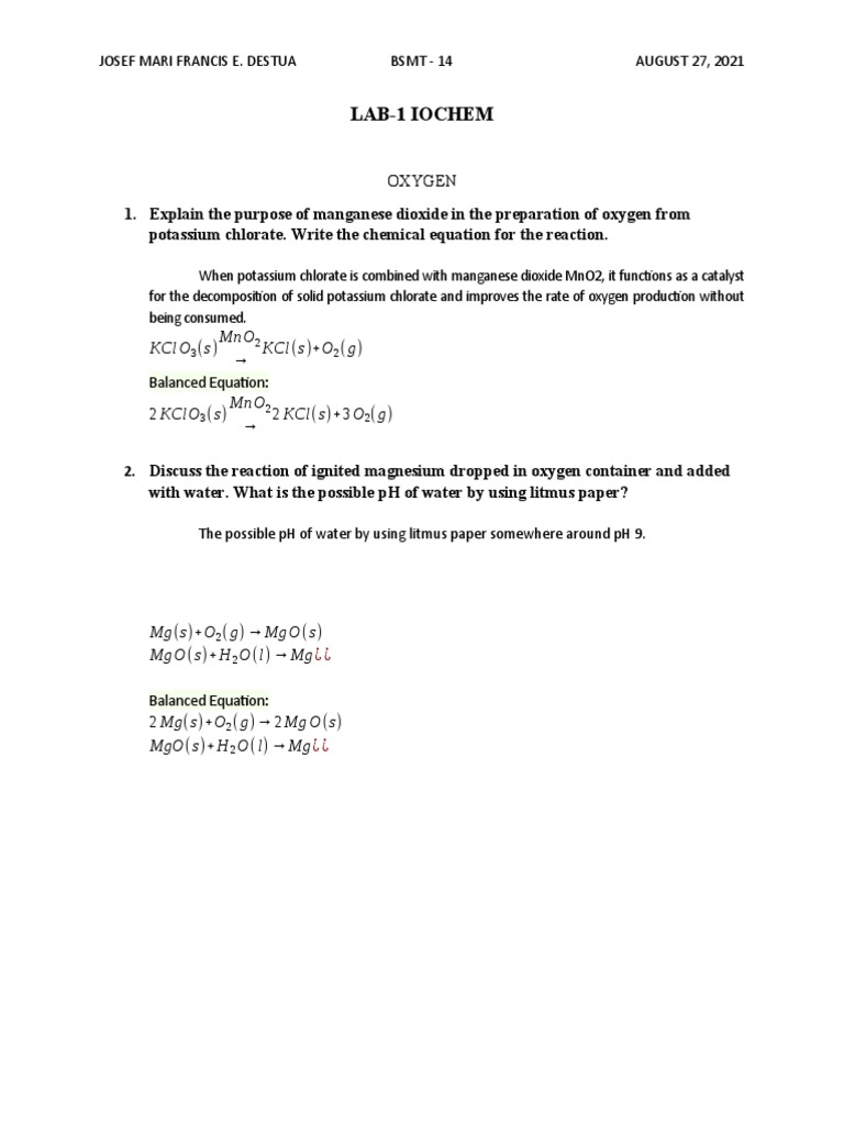 Lab-1 Iochem: Oxygen | PDF | Hydrochloric Acid | Magnesium