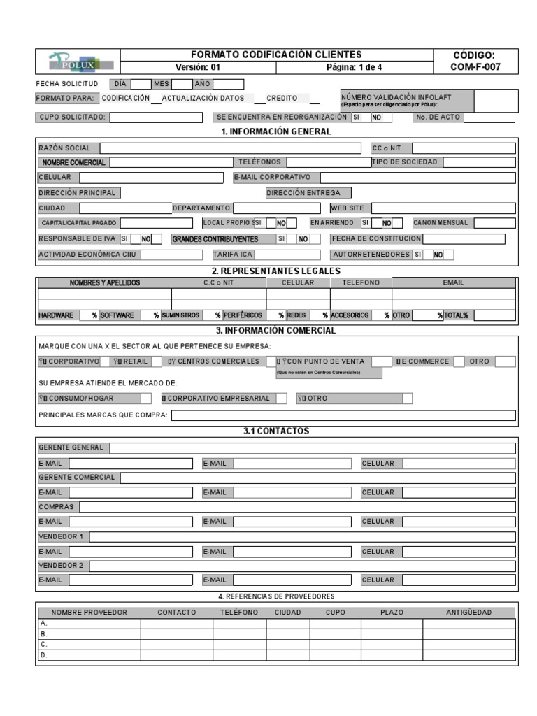 Formato de codificación de clientes y documentos requeridos para la ...