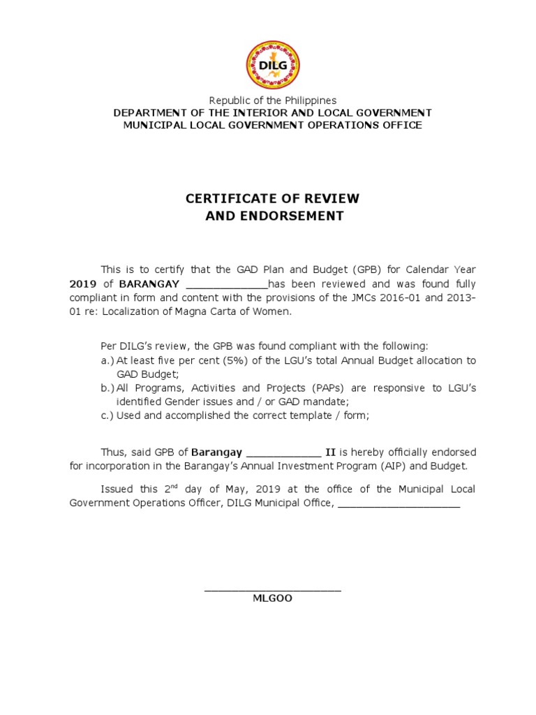 Certificate of Review and Endorsement - GAD Plan | PDF