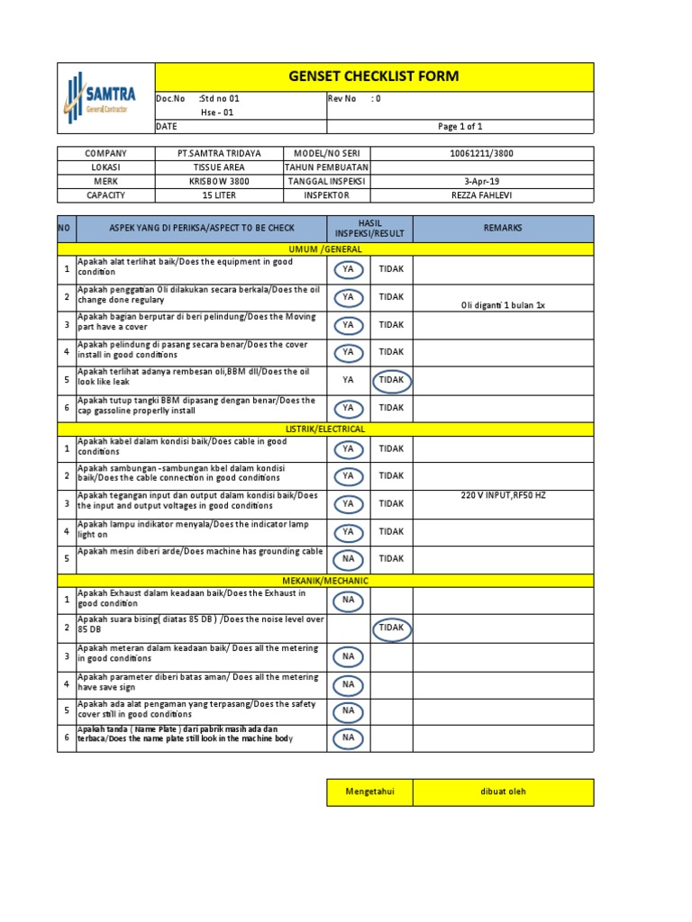 Contoh Form Inspeksi Genset | PDF