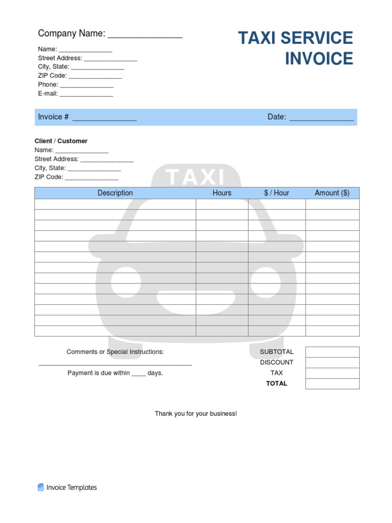 Taxi Service Invoice Template | PDF