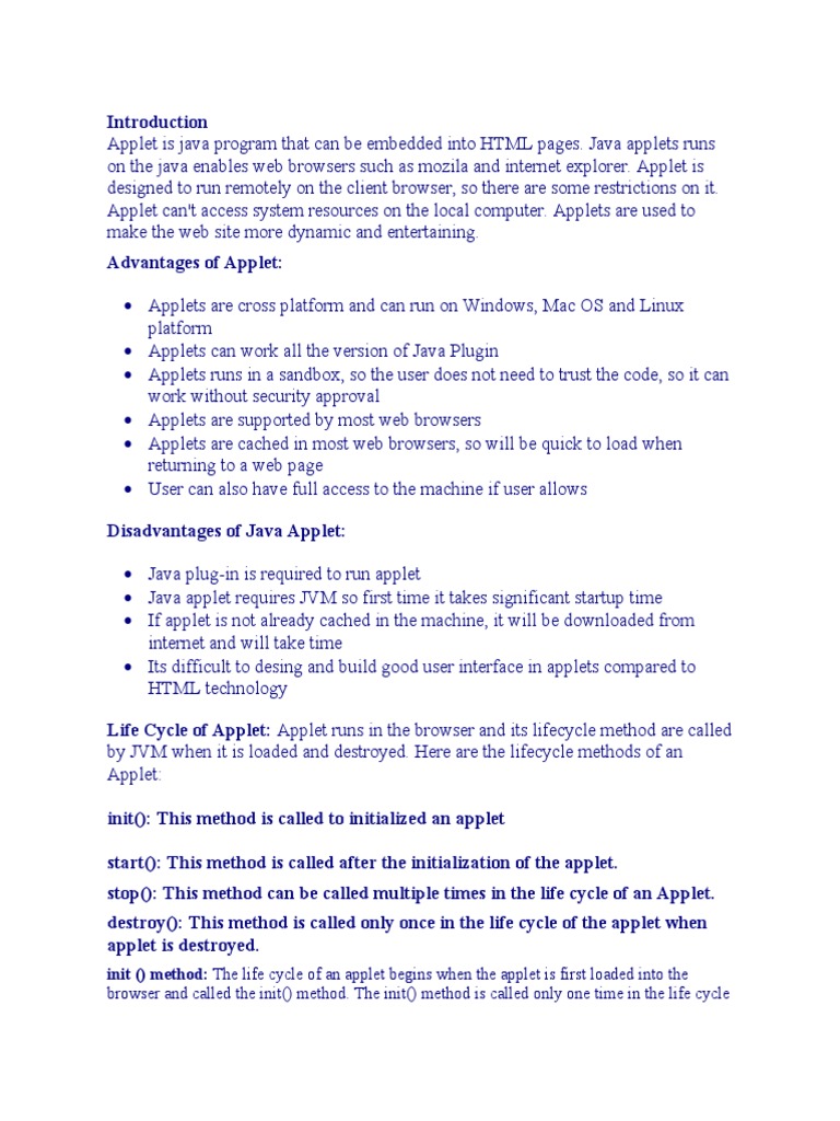 Init Method: The Life Cycle of An Applet Begins When The Applet Is ...