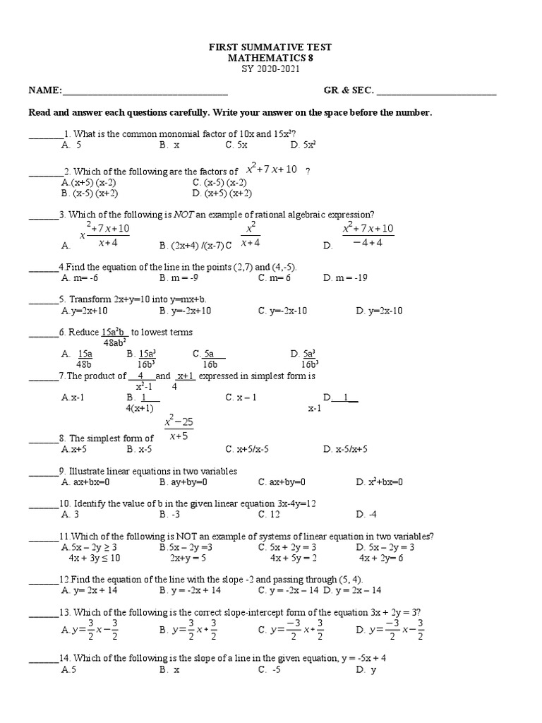 First Summative Test Math 8 | PDF | Equations | Mathematics