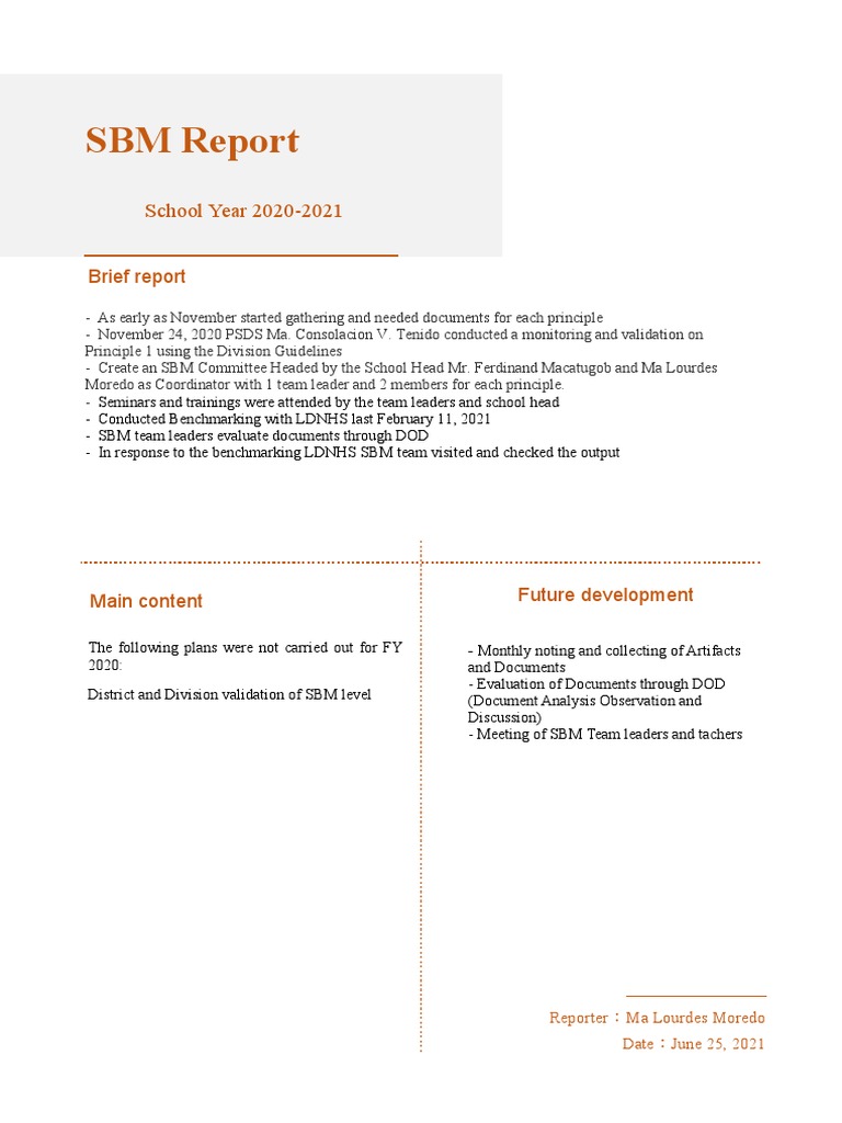 SBM Accomplishment Report 2021 | PDF
