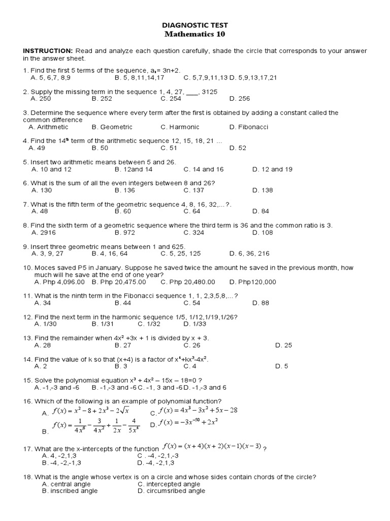 Diagnostic Test Mathematics 10 | PDF | Circle | Percentile
