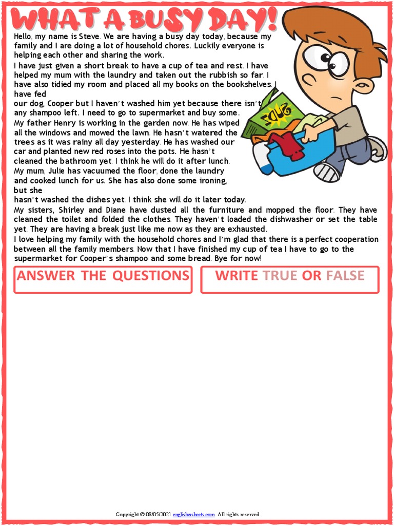 Present Perfect Tense What A Busy Day Esl Reading Comprehension ...