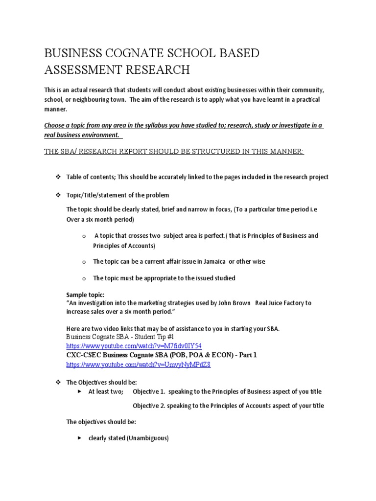 Business Cognate School Based Assessment Research: The Sba/ Research ...