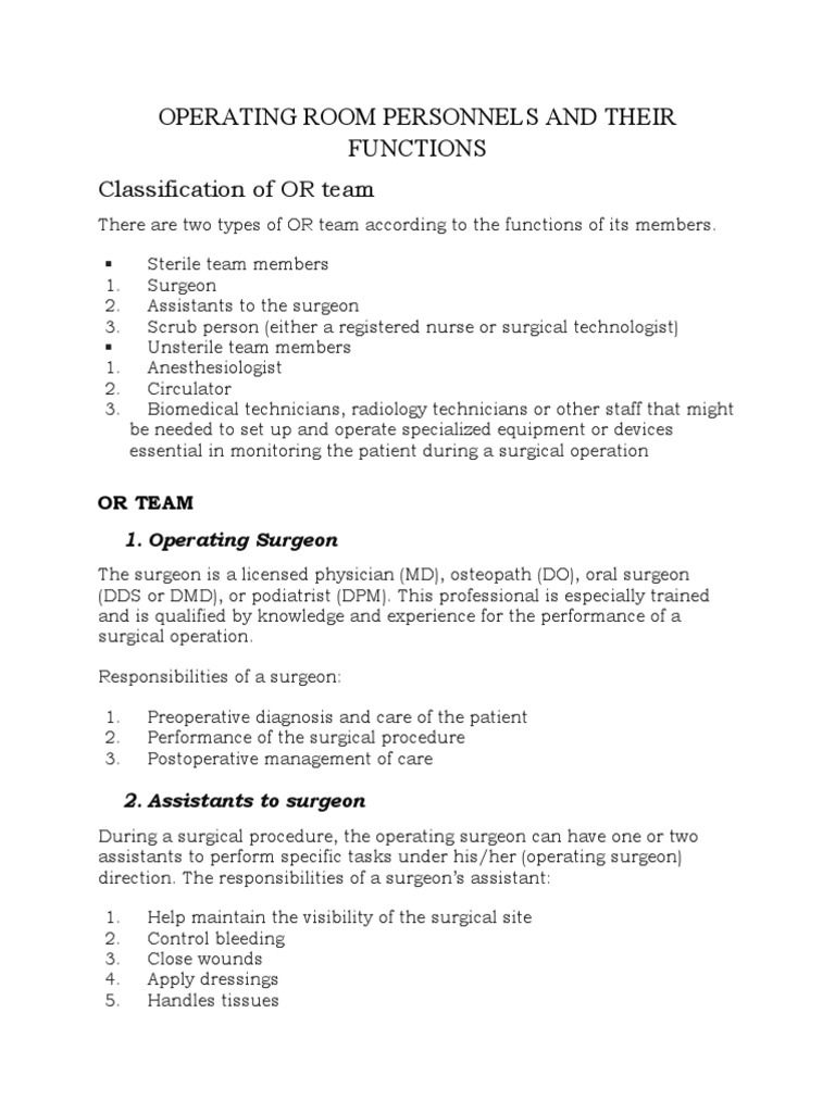 Operating Room Personnels and Their Functions: Classification of OR ...