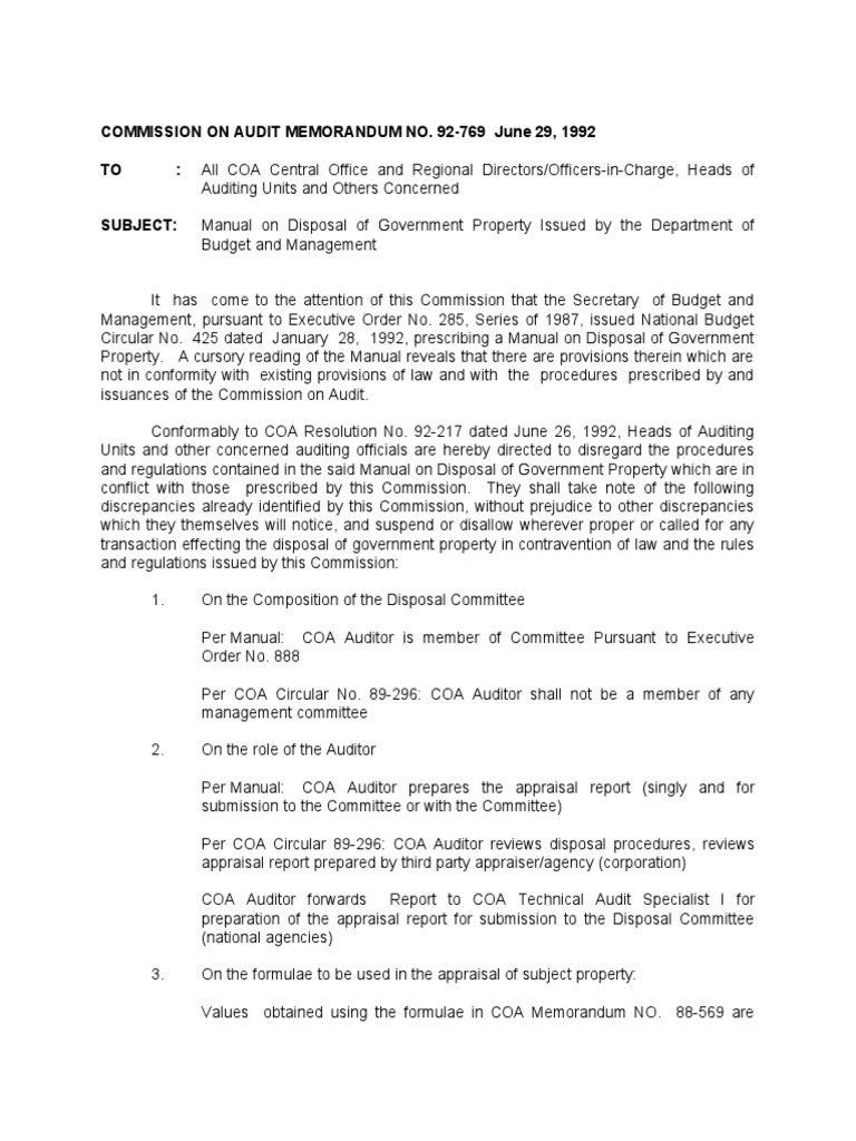COA Memo92-769 - COA Stand On DBM Manual On Disposal | PDF | Real ...