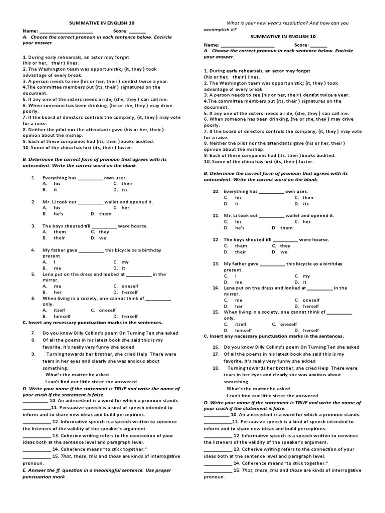 Pronoun Quiz for Grade 10 Students | PDF | Question