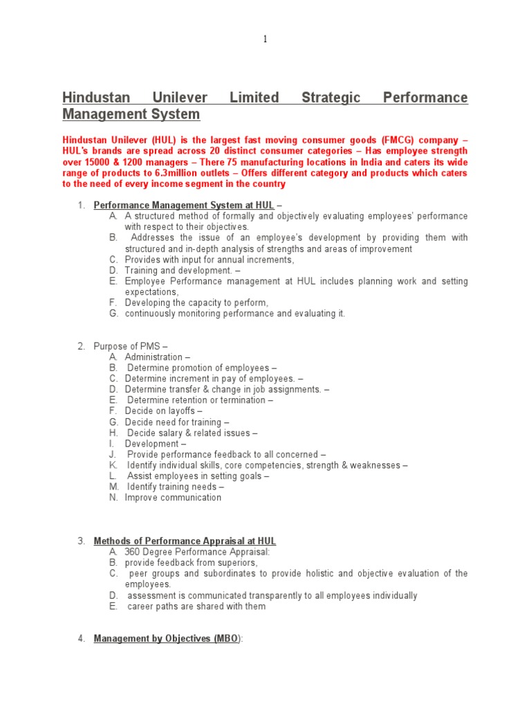 Hindustan Unilever Limited Strategic Performance Management System ...