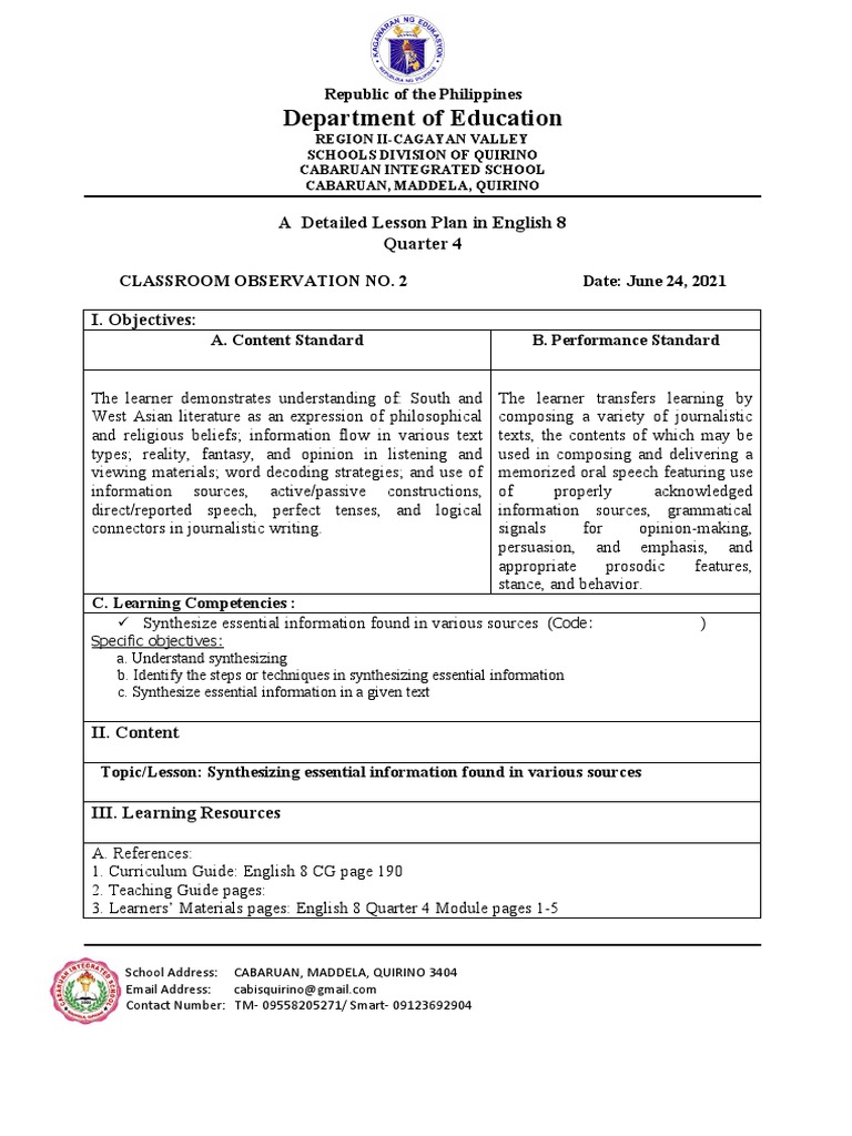 English 8 Lesson Plan: Synthesizing Info | PDF | Learning | Information
