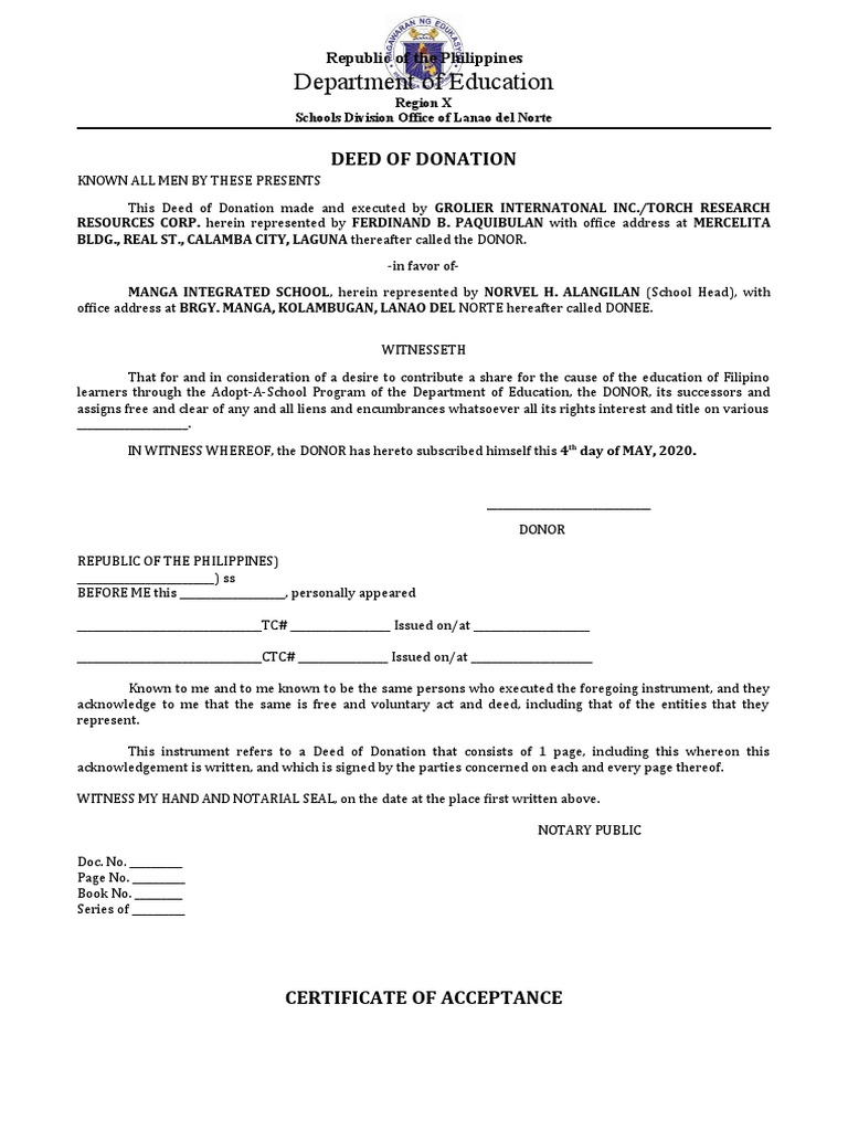 Deed of Donation and Acceptance | PDF | Private Law | Common Law