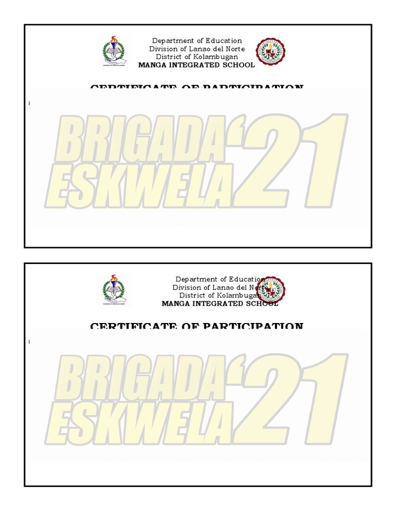 Certificate of Participation: Manga Integrated School | PDF
