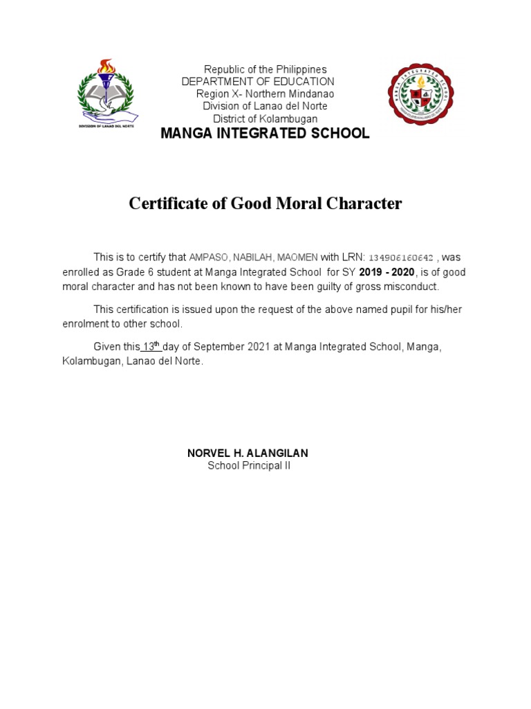 Certificate of Good Moral Character | PDF | Social Institutions ...