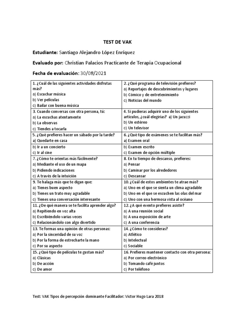 VAK Test de percepción dominante | PDF | Prueba (evaluación)