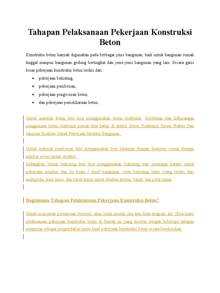 Tahapan Pelaksanaan Pekerjaan Konstruksi Beton | PDF Tahapan Pelaksanaan Pekerjaan Konstruksi Beton | PDF