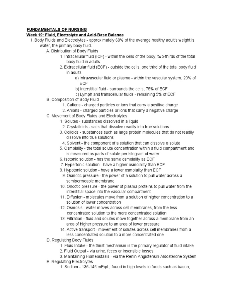 Week 12 - Fluids, Electrolytes and Acid-Base Balance | PDF ...