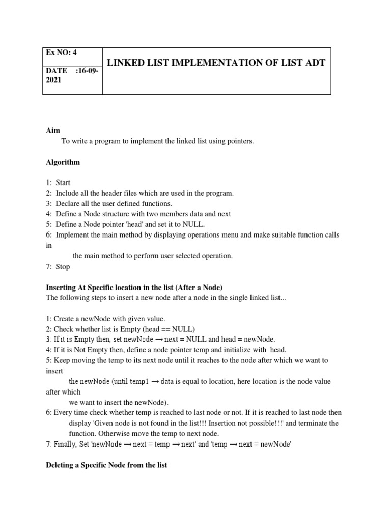 Linked List Implementation of List Adt: Ex NO: 4 DATE:16-09-2021 | PDF ...