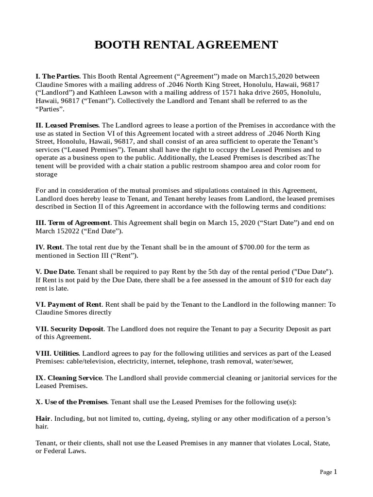 Booth Rental Agreement 2021-06-26 | PDF | Lease | Leasehold Estate