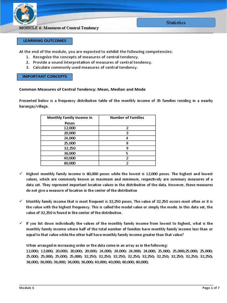 Module 6 Measures of Central Tendency | PDF | Mean | Mode (Statistics)