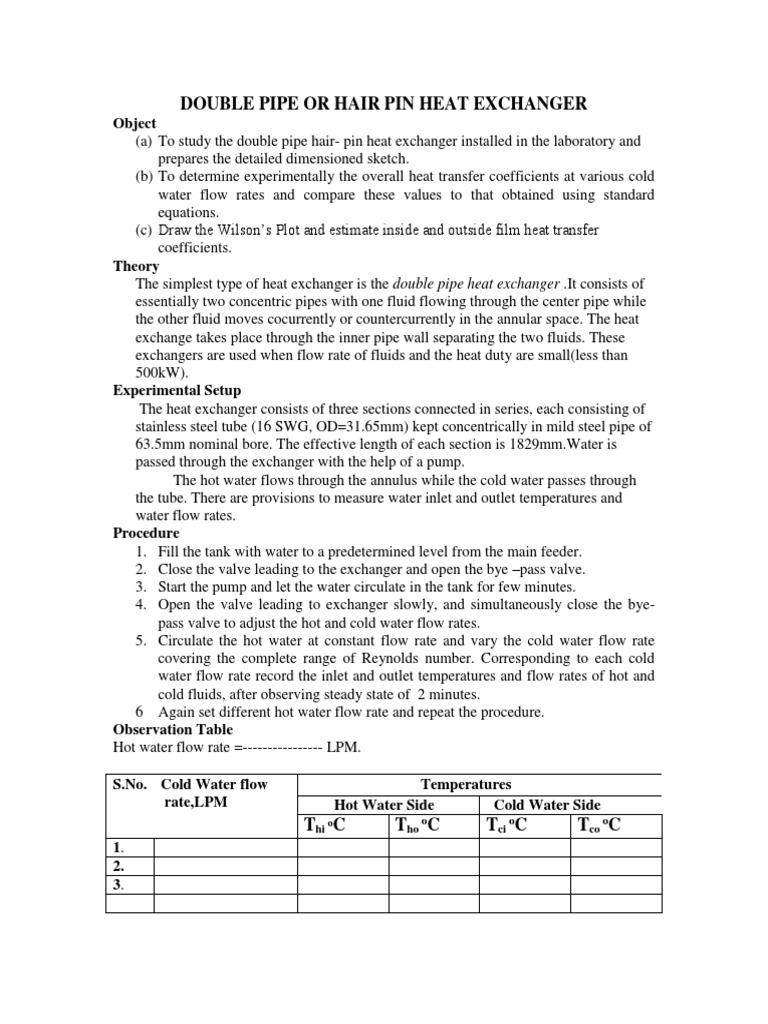 Double Pipe Heat Exchanger Experiment | PDF | Heat Exchanger | Flow ...