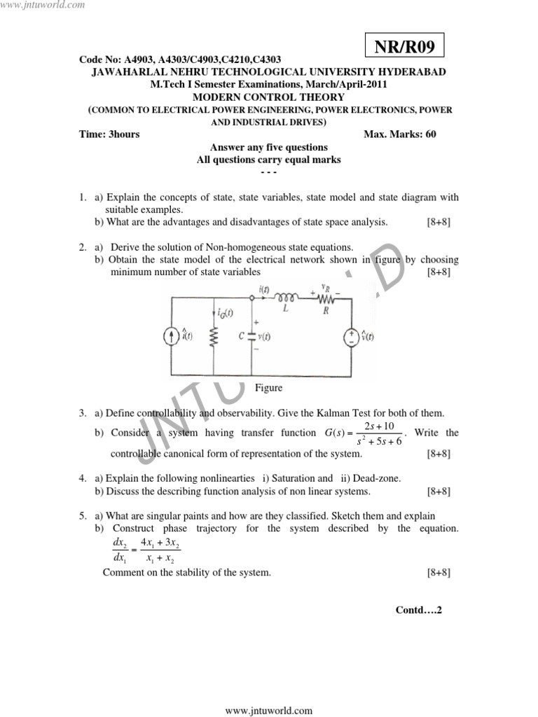 JNTU Modern Control Theory Previous Year Question Paper | PDF | Systems ...