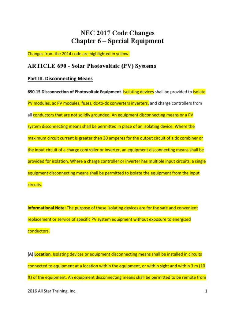 NEC 2017 Code Changes Chapter 6 - Special Equipment: ARTICLE 690 ...