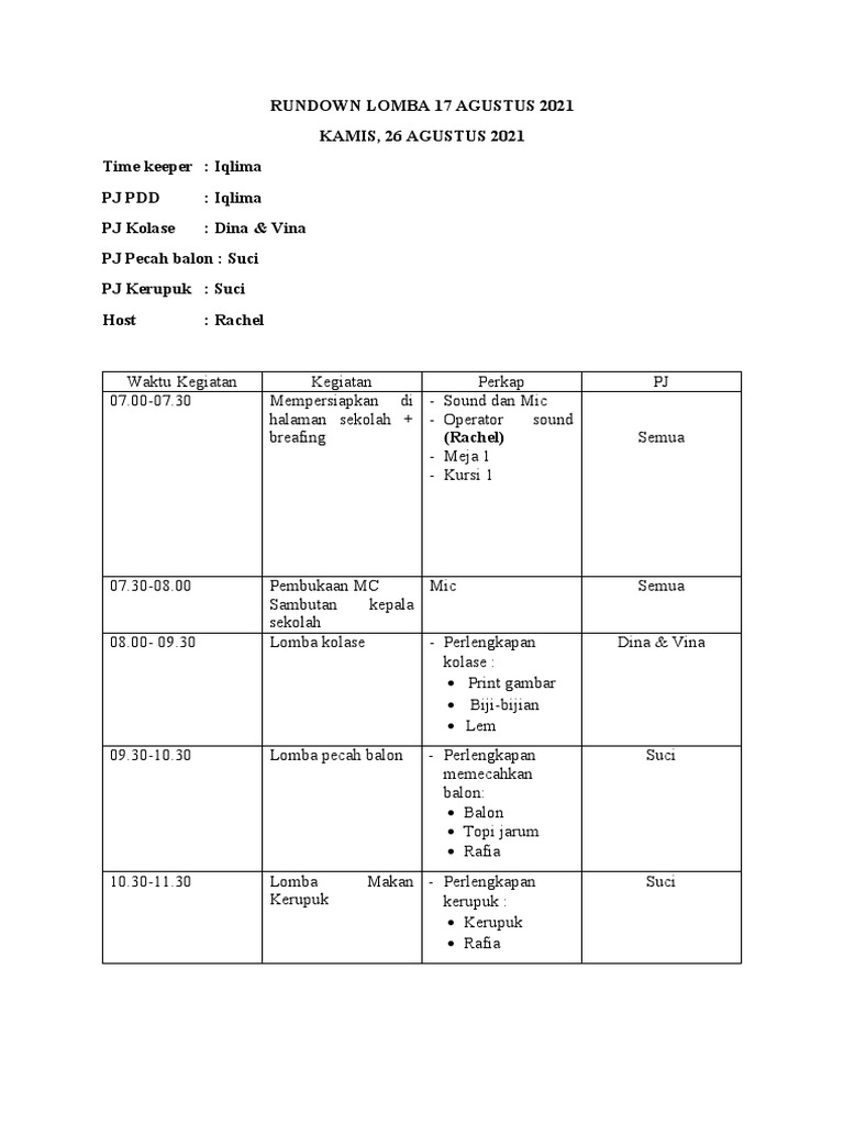 Rundown Lomba 17 Agustus 2021 | PDF