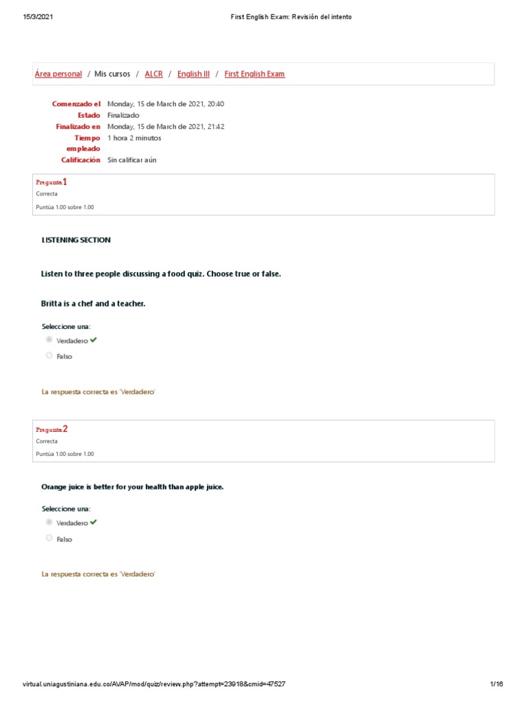 First English Exam - Revisión Del Intento | PDF