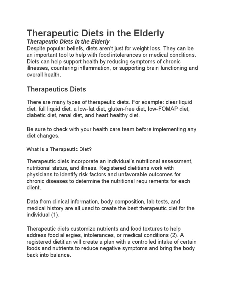 Therapeutic Diets for Elderly Health | PDF | Dash Diet | Diet & Nutrition