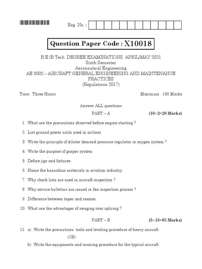 Question Paper Code:: Reg. No. | PDF | Aviation