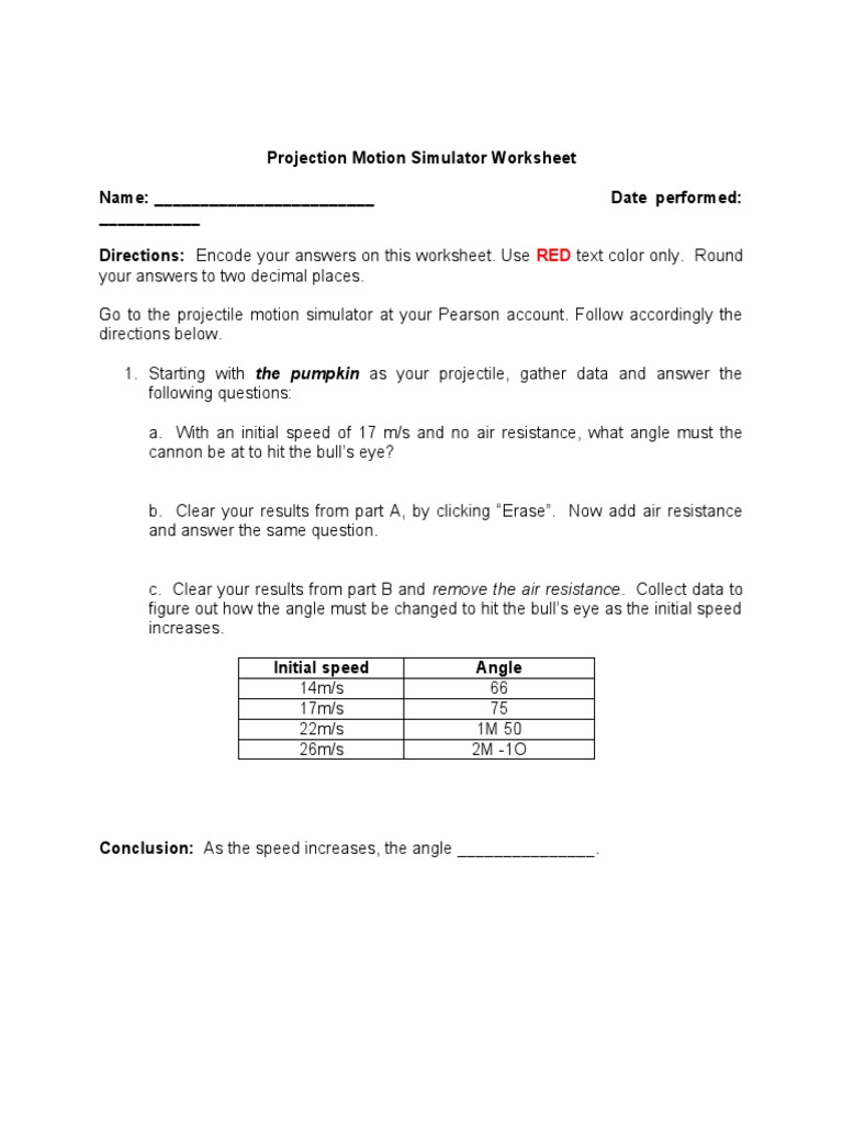 Projectile Motion PhET Worksheet | PDF | Drag (Physics) | Projectiles