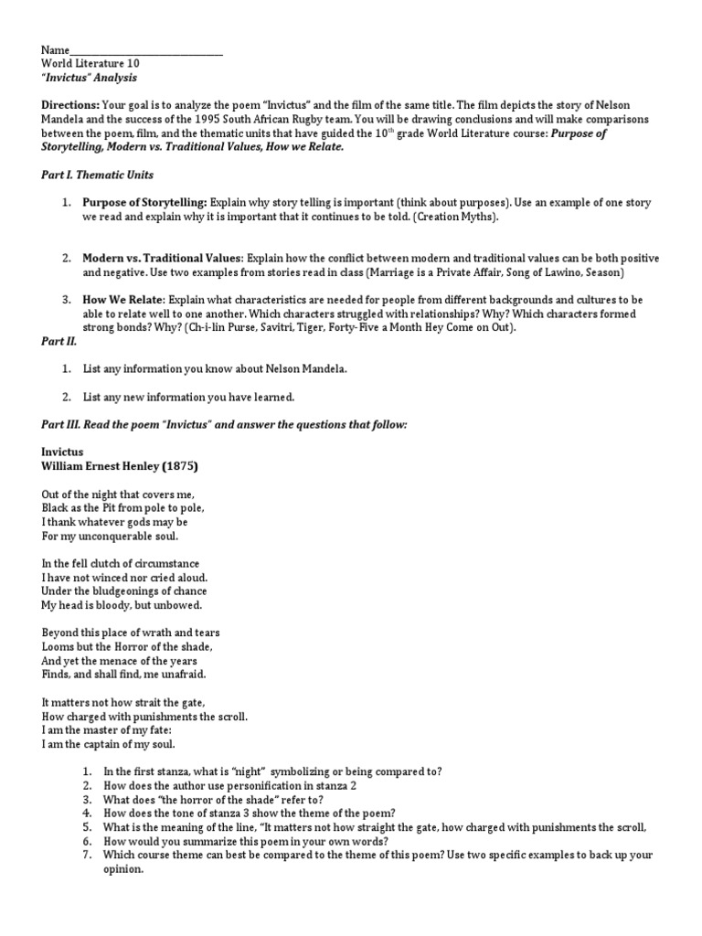 Invictus Poem and Film Analysis Guide | PDF