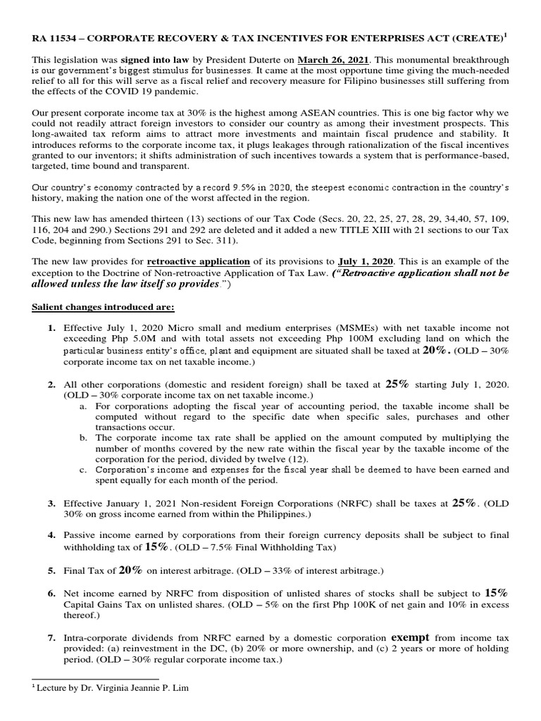 Salient Provisions of CREATE Law | PDF | Taxes | Corporate Tax
