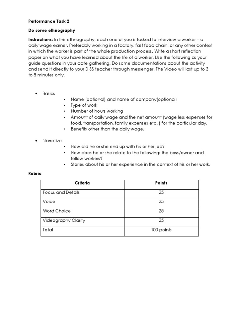 Performance Task 2 Do Some Ethnography Instructions: in This ...