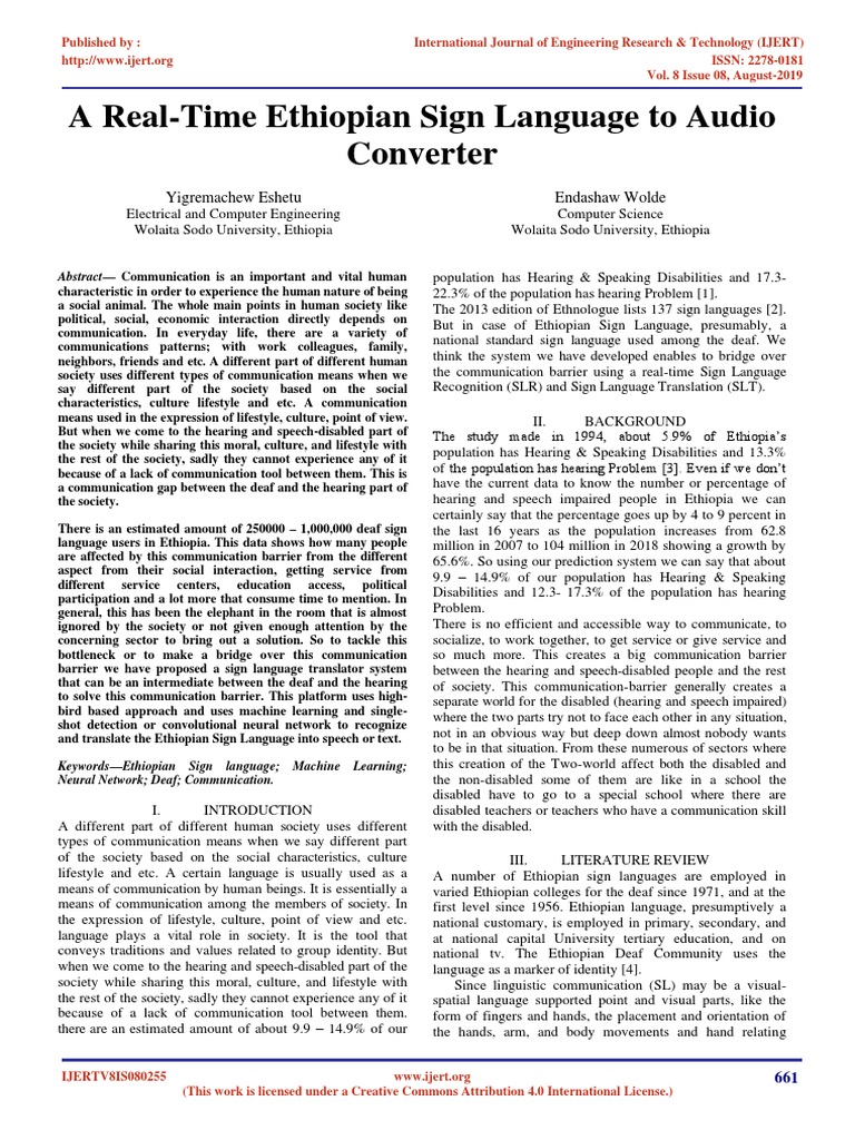 A Real Time Ethiopian Sign Language To Audio Converter IJERTV8IS080255 ...