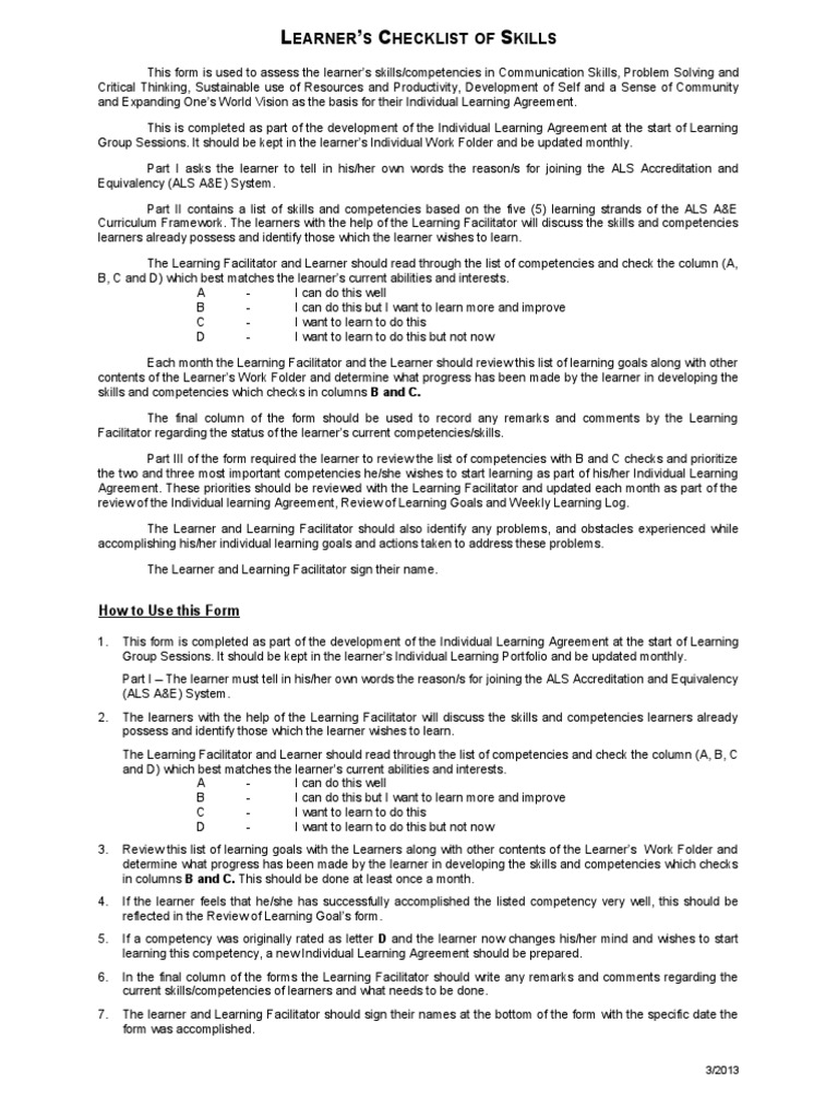 RPL Form 4 Learners Checklist of Skills 2013 | PDF | Learning | Percentage